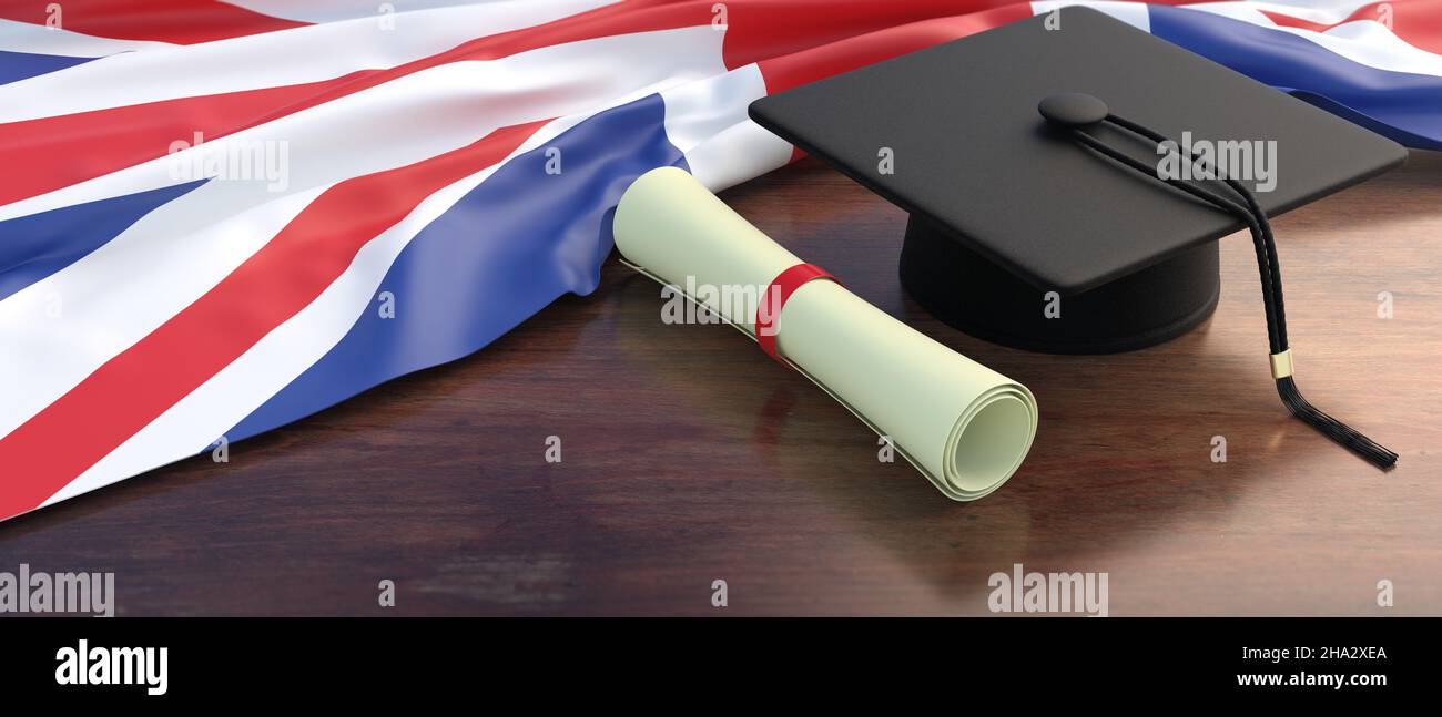 UK education and English studies. British flag, college, university ...
