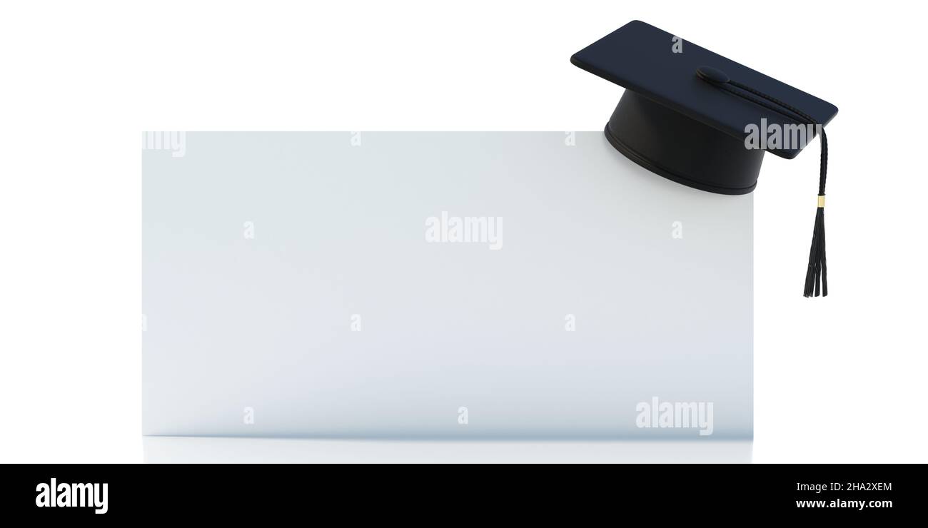 Graduate hat and blank empty card. College university cap on a white ...