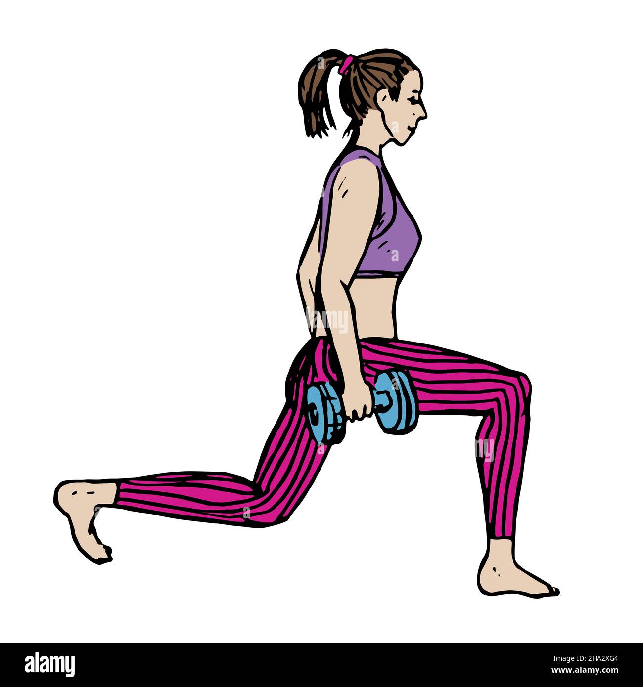 Girl dumbbell squat, in bright pink leggings, side view, hand drawn ...