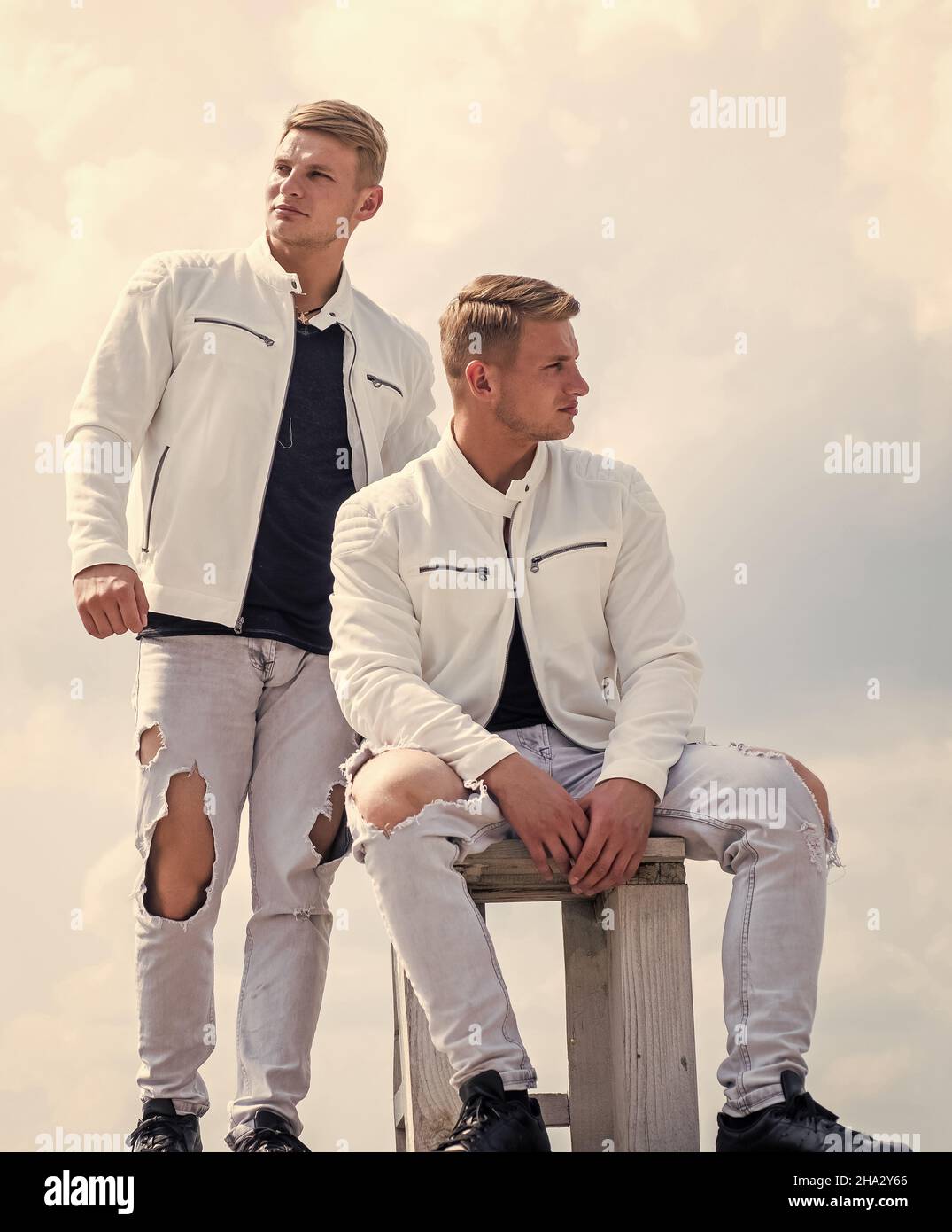 unite. confident casual models. twins brother in white. male beauty and ...