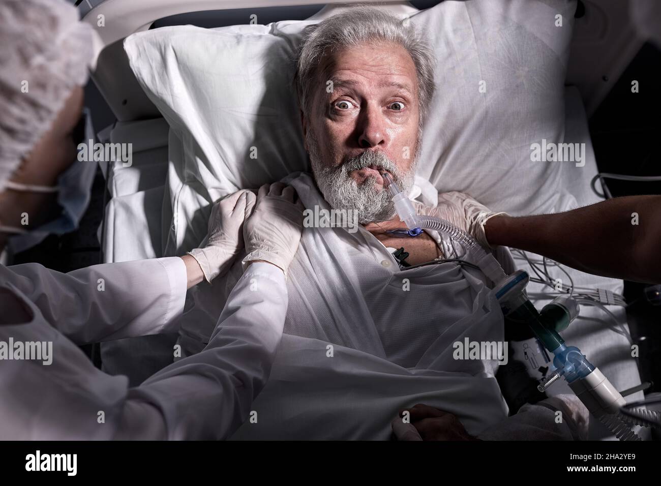 Emotional postoperative period, heart attack. sick patient looking ...