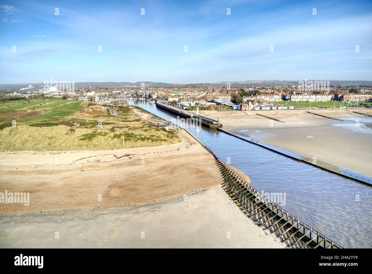 Aerial view over Littlehampton beach at low tide and the River Arun ...