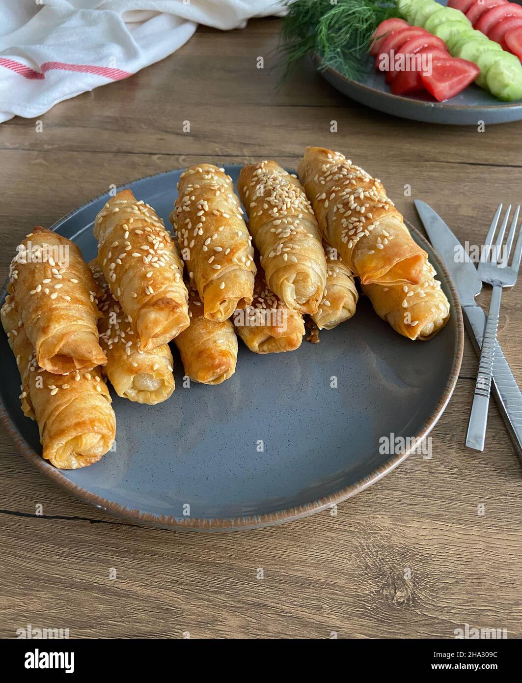 A classic Turkish breakfast table is seen in close-up. Delicious ...