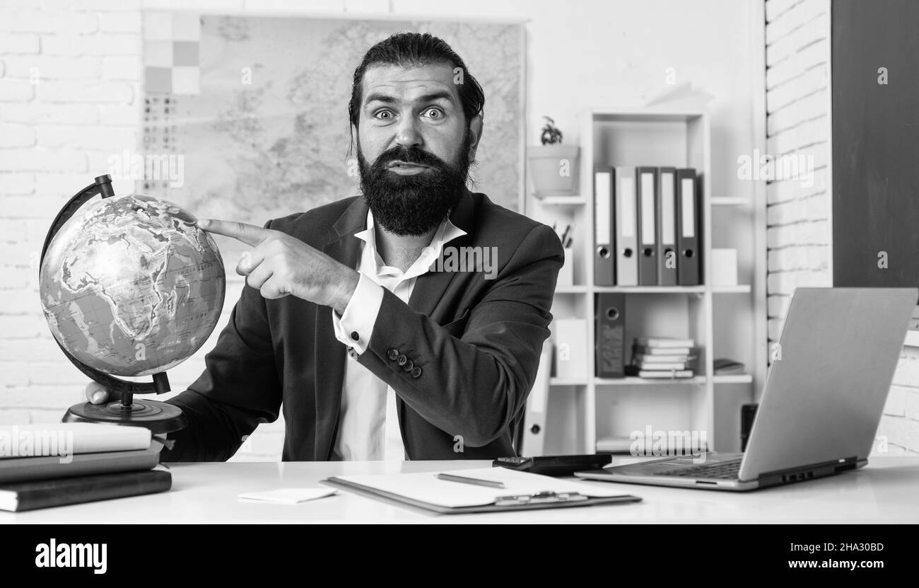 man with beard and moustache look as businessman or teacher in college ...