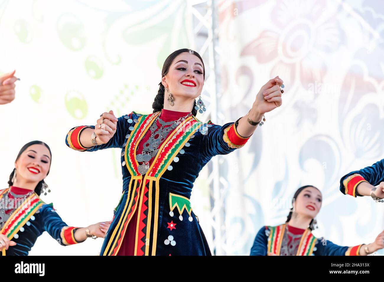 06 July 2021, Ufa, Russia: National Bashkir women dance in traditional ...