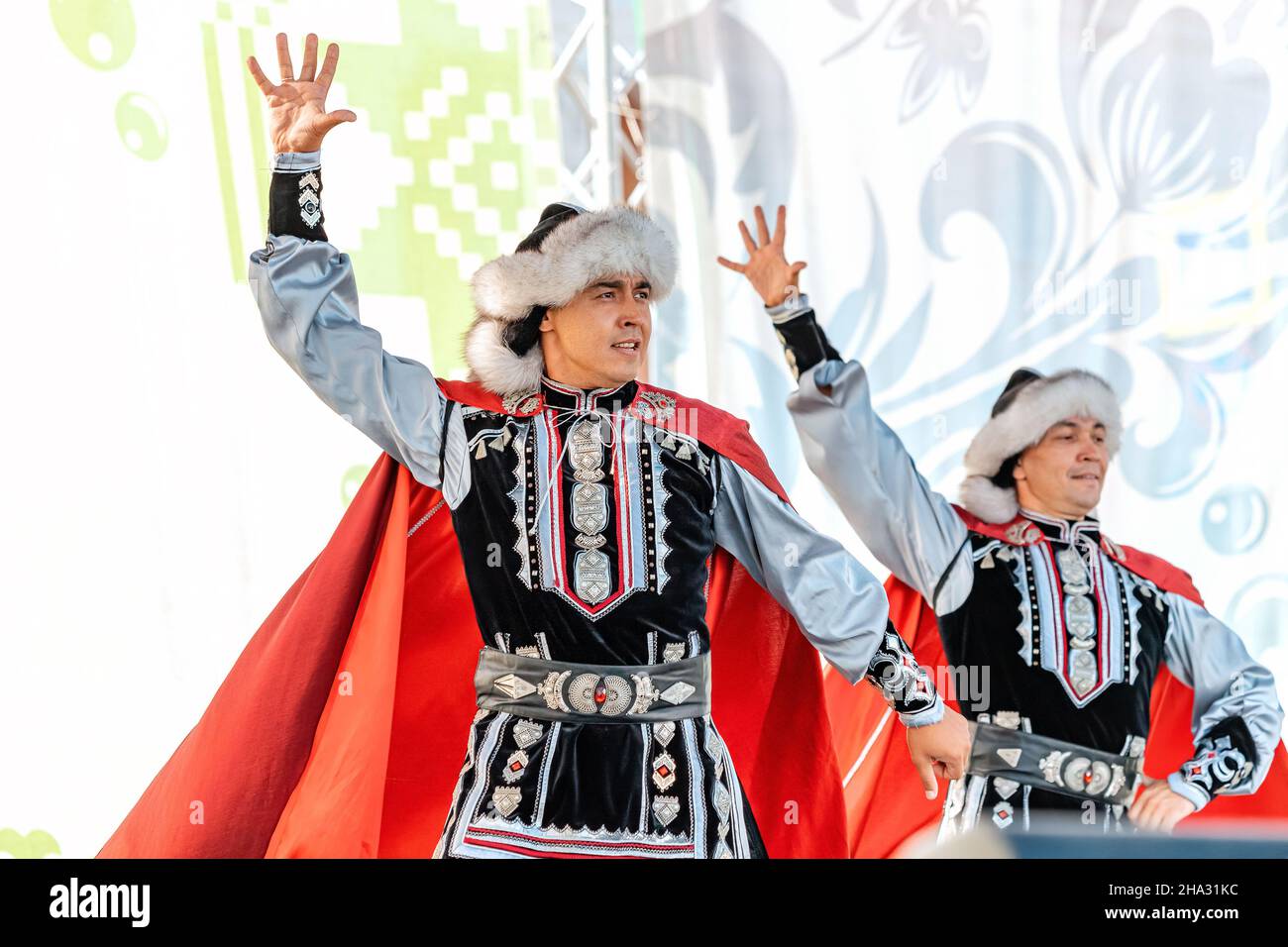 06 July 2021, Ufa, Bashkortostan, Russia: Men in national Bashkir ...