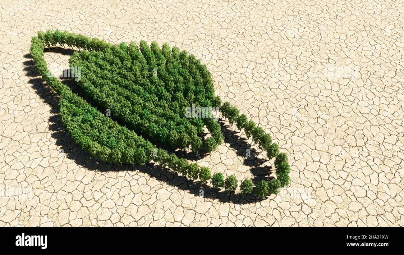 Concept or conceptual group of green forest tree on dry ground ...