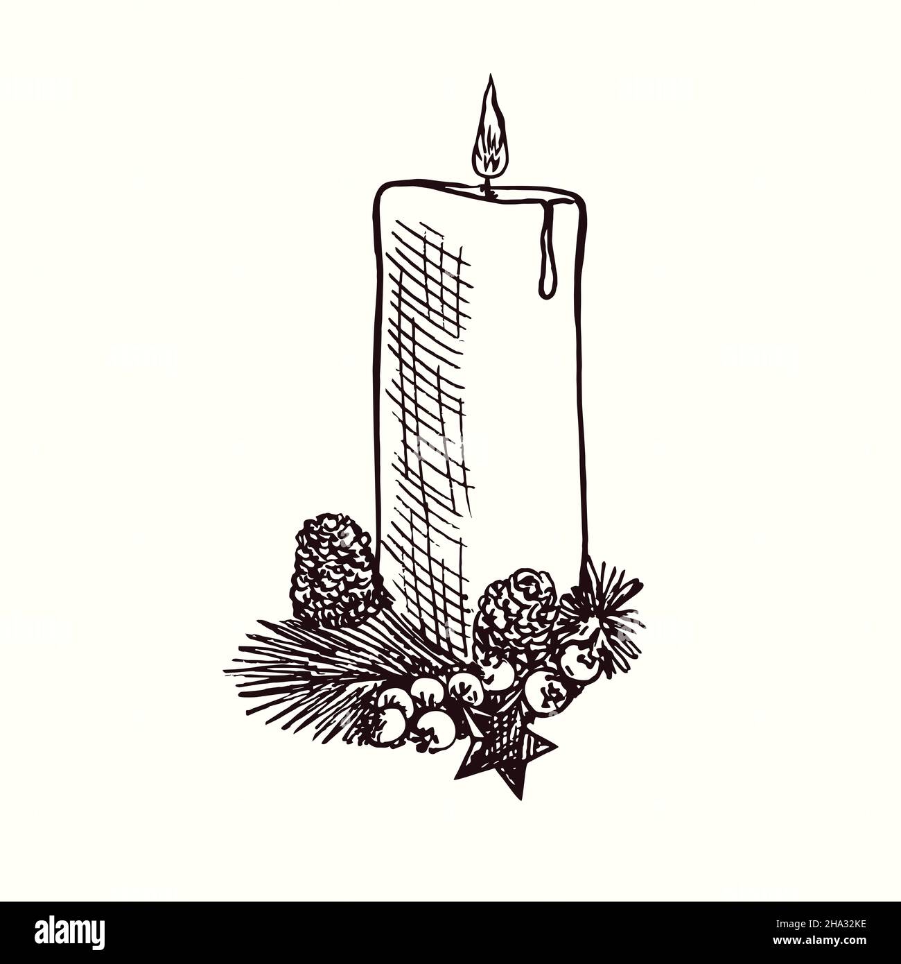 Christmas candle, decorated with pine twigs, pine cones and star. Ink ...