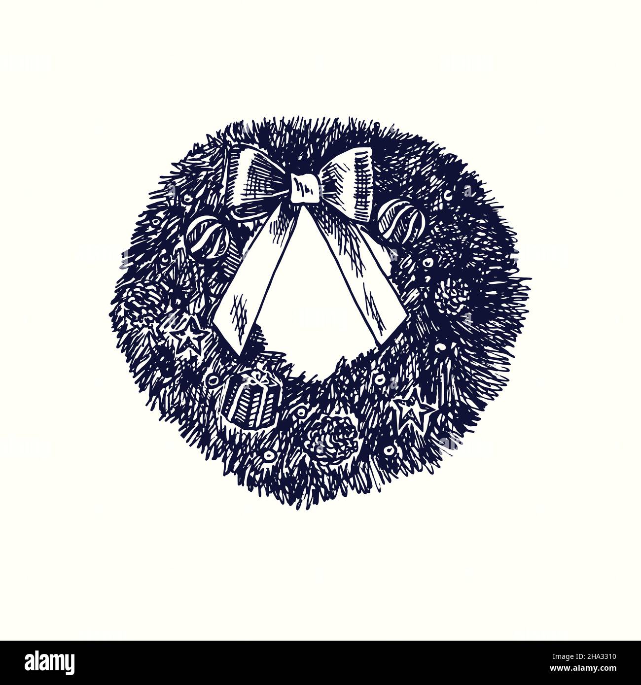 Christmas wreath with ribbon. Ink black and white doodle drawing in ...
