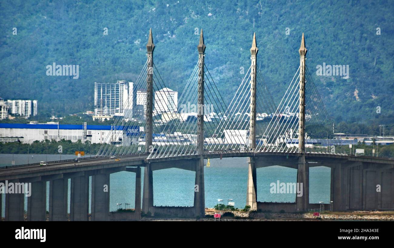 PENANG, MALAYSIA - Aug 08, 2021: The old Penang Bridge from Butterworth ...