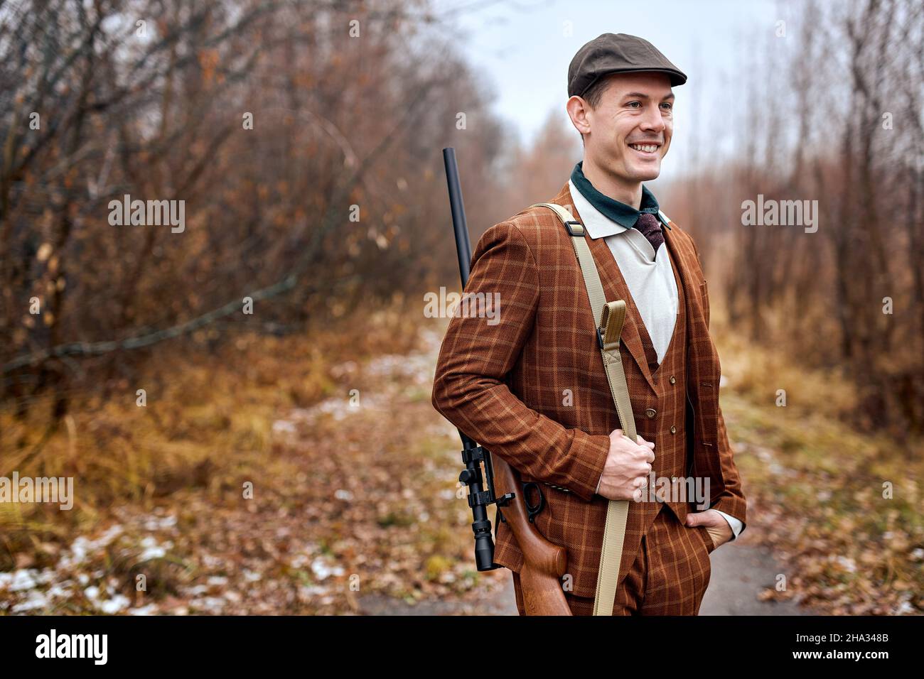 Excited Hunter with shotgun gun on hunt. Hunting equipment for ...