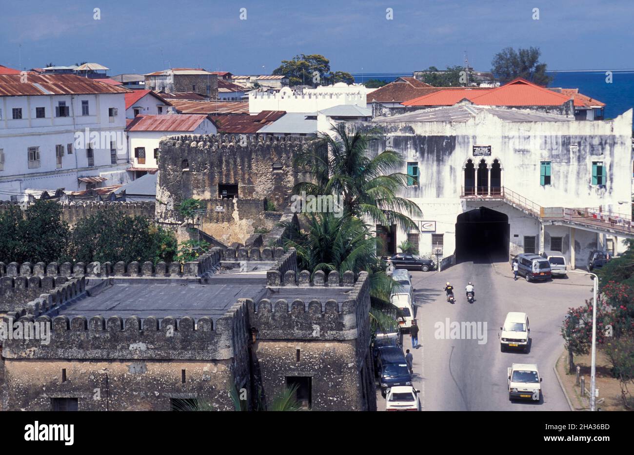 a view of the Old Town of Stone Town on the Island of Zanzibar in ...