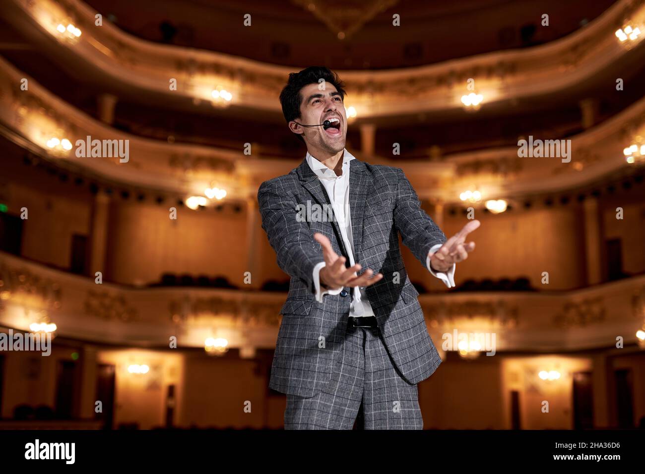 Theatre play handsome actor in original image. Sincere emotions ...
