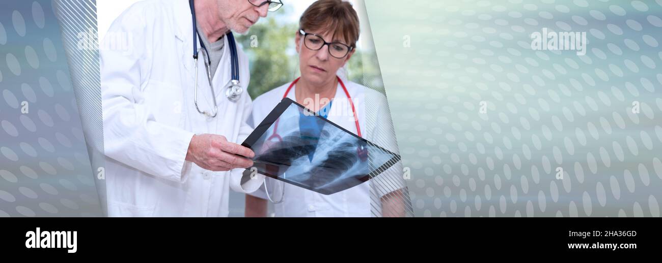 Two doctors examining x-ray report in medical office. panoramic banner ...