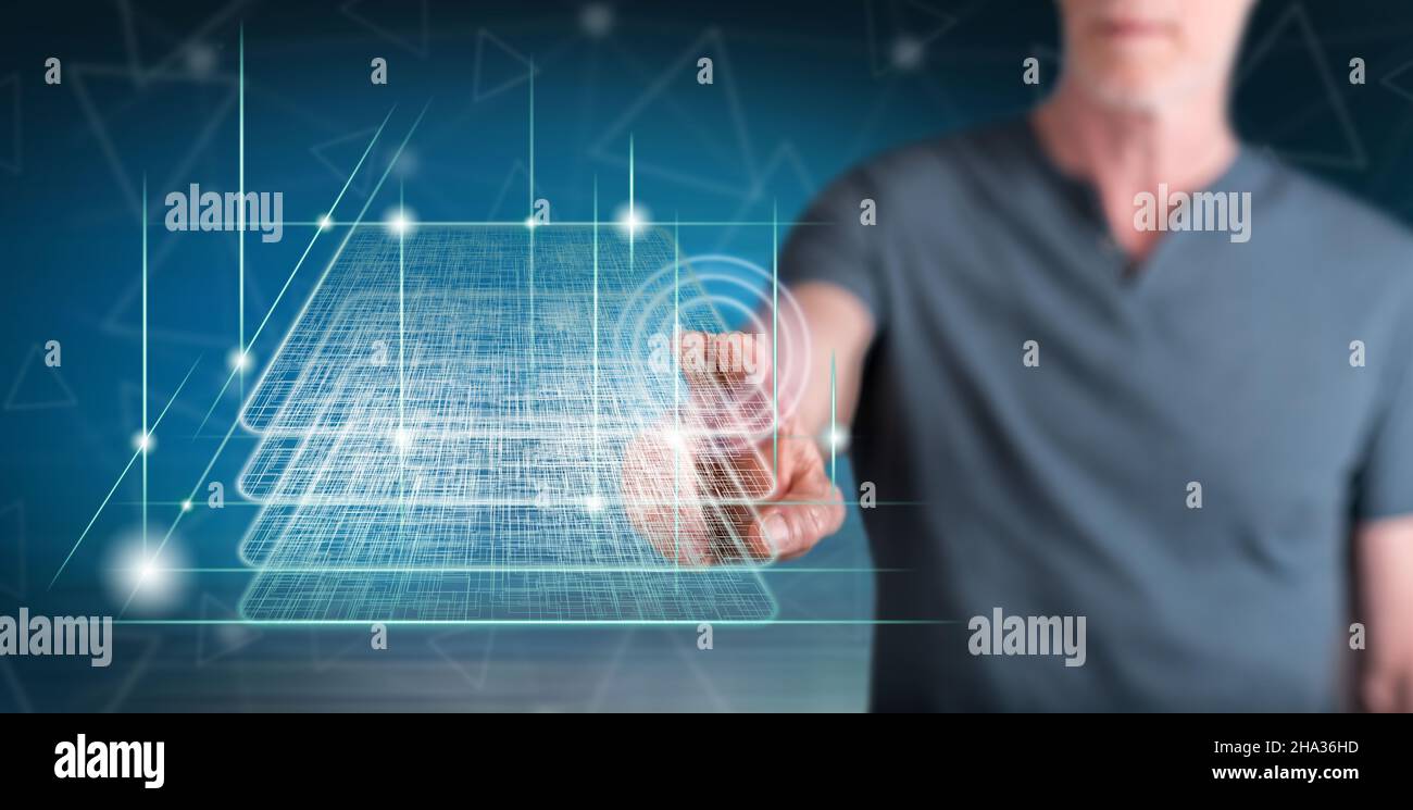Man touching a blockchain technology concept on a touch screen with his ...