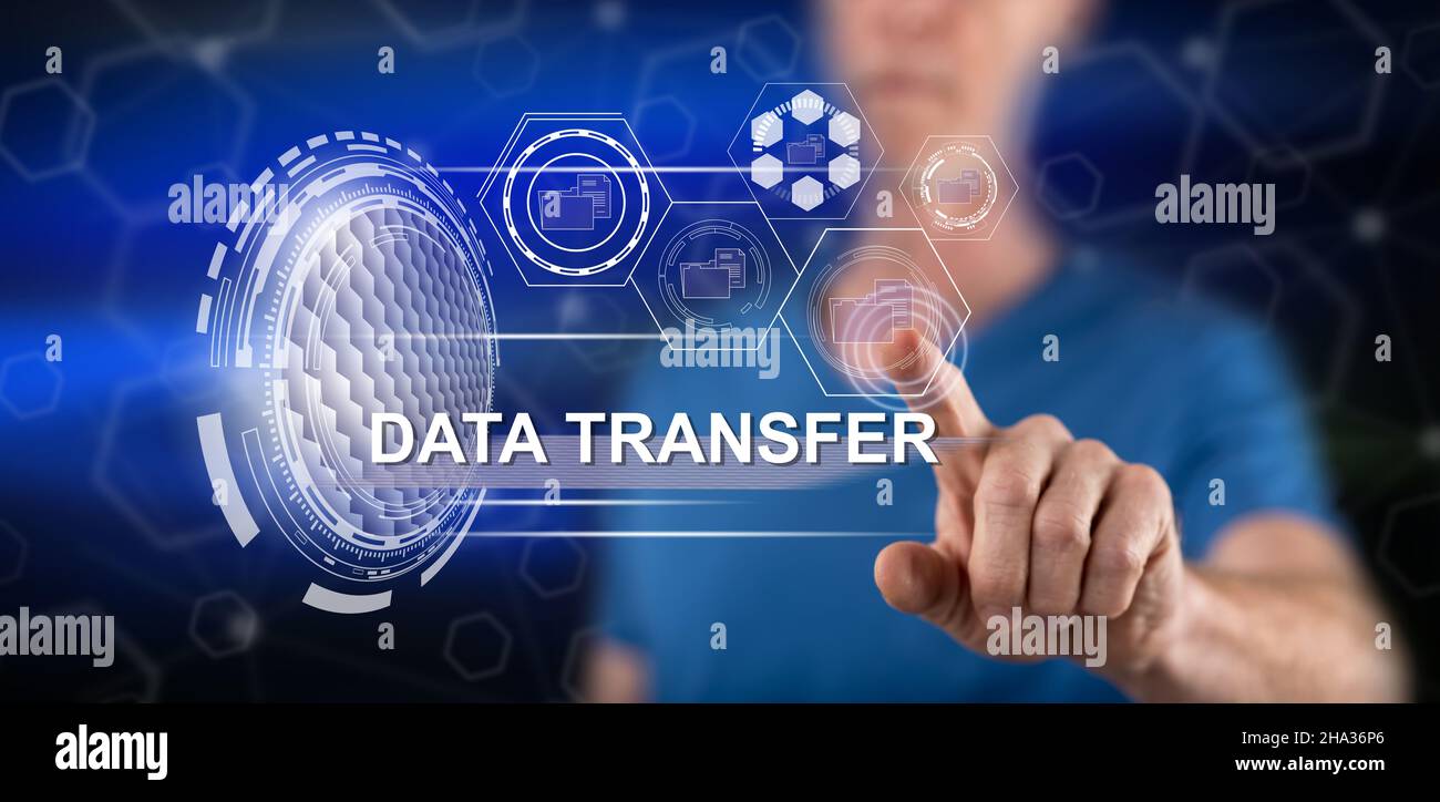 Man touching a data transfer concept on a touch screen with his finger ...