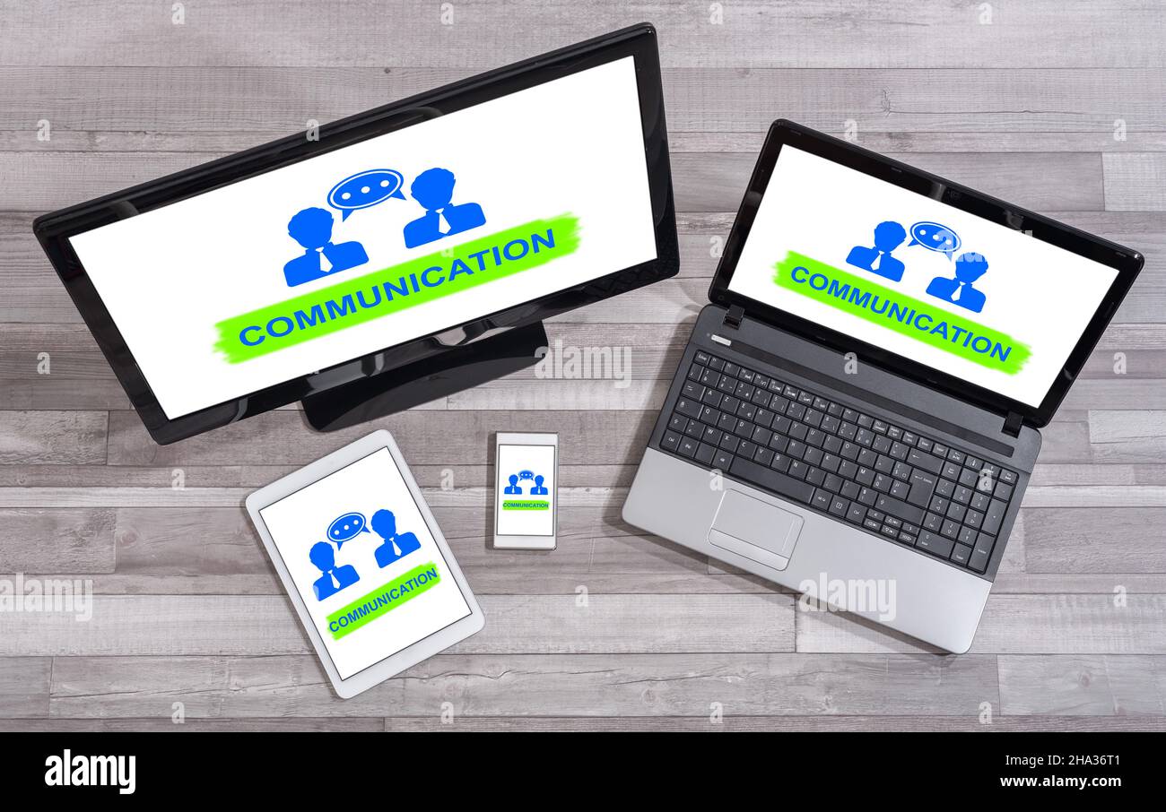Communication concept shown on different information technology devices ...