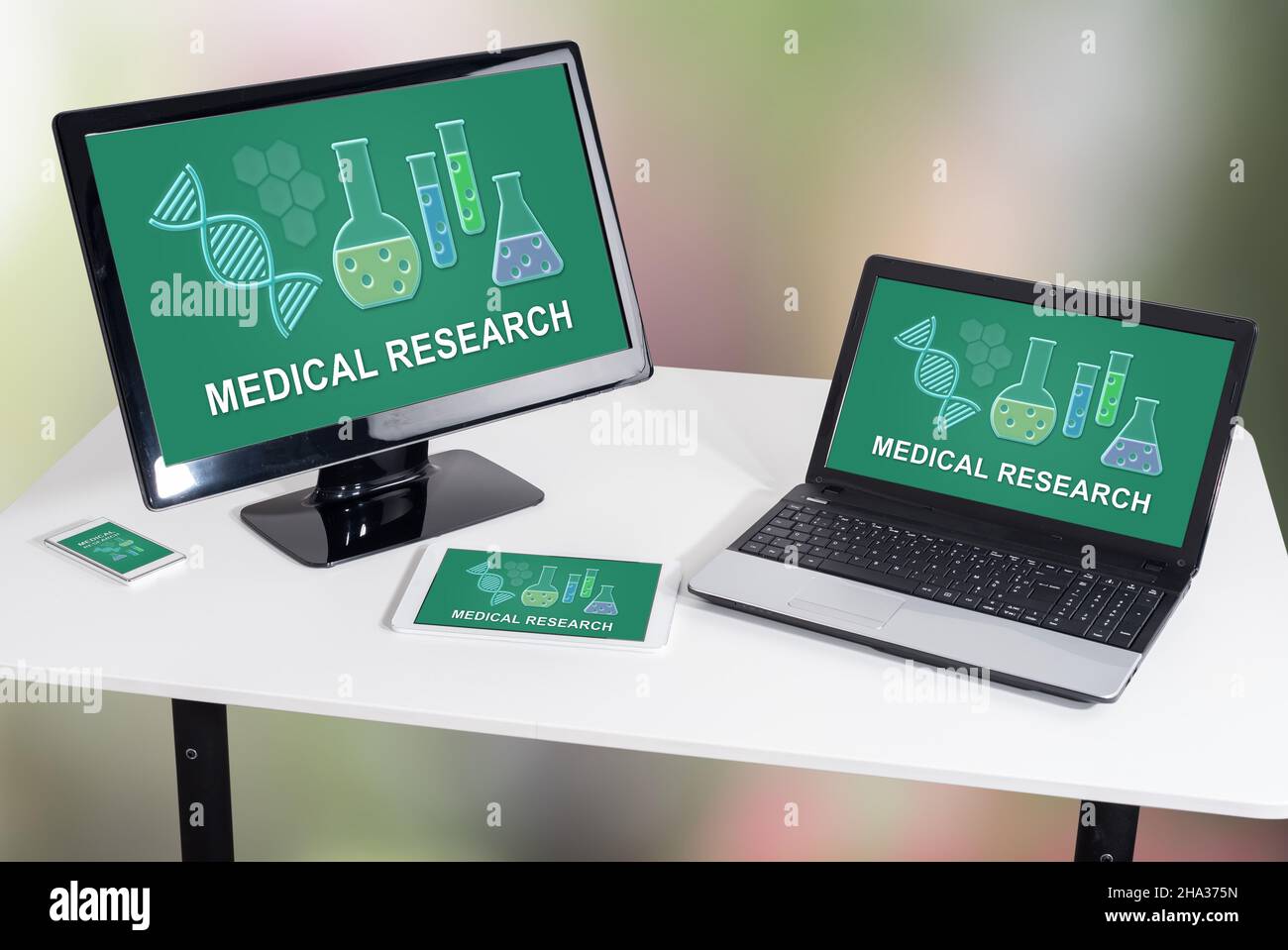 Medical research concept shown on different information technology ...