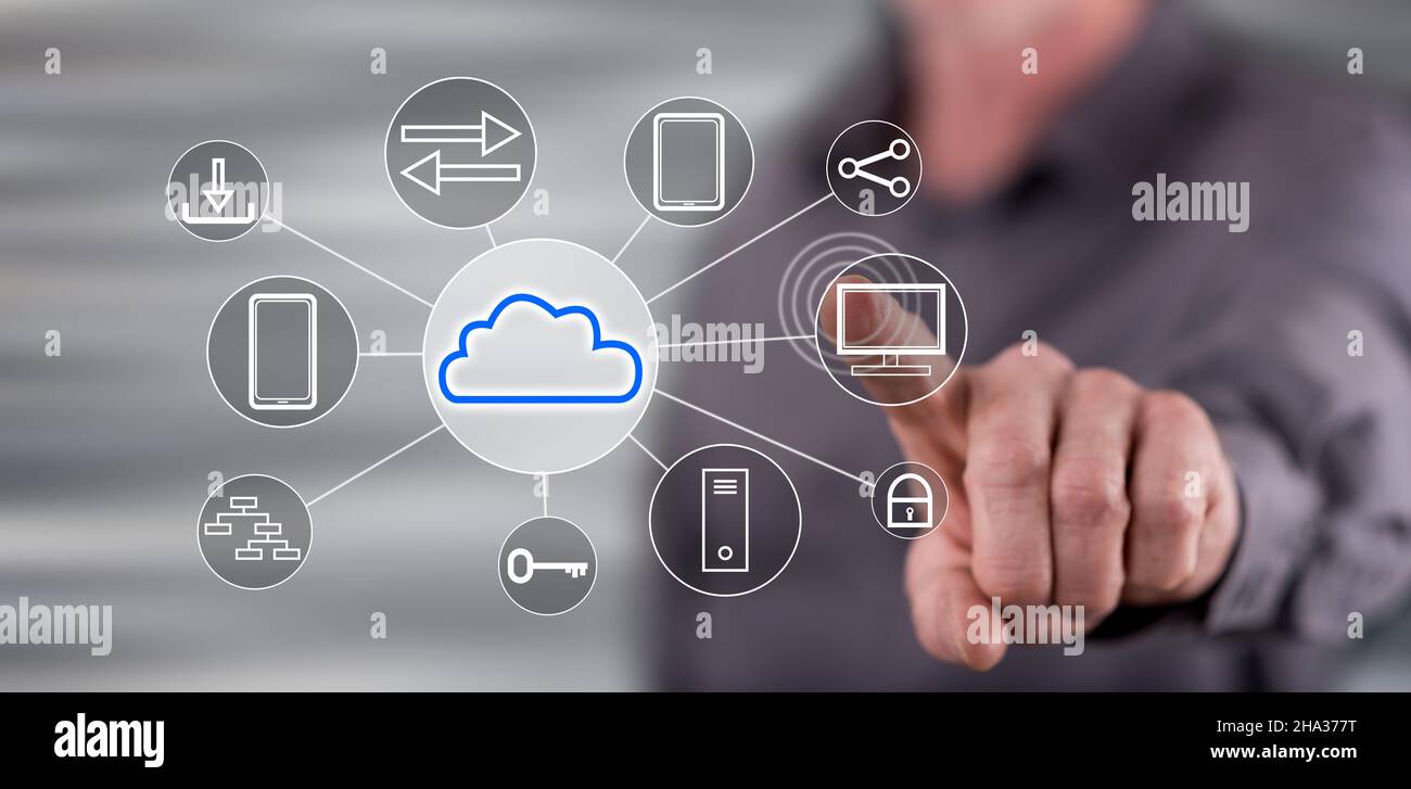 Man touching a cloud computing concept on a touch screen with his ...