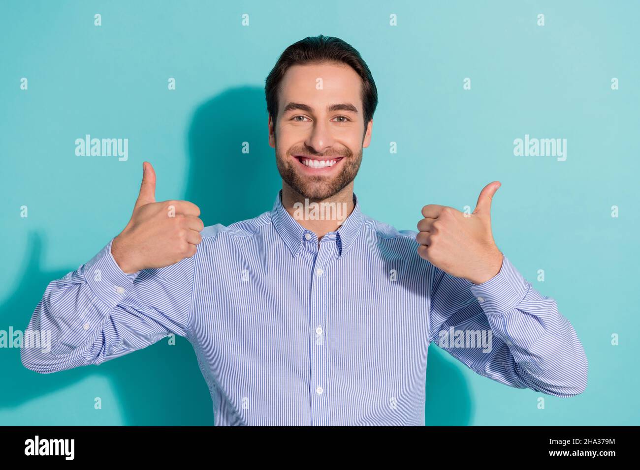 Photo of positive nice guy raise thumbs up rate best score pick wear ...