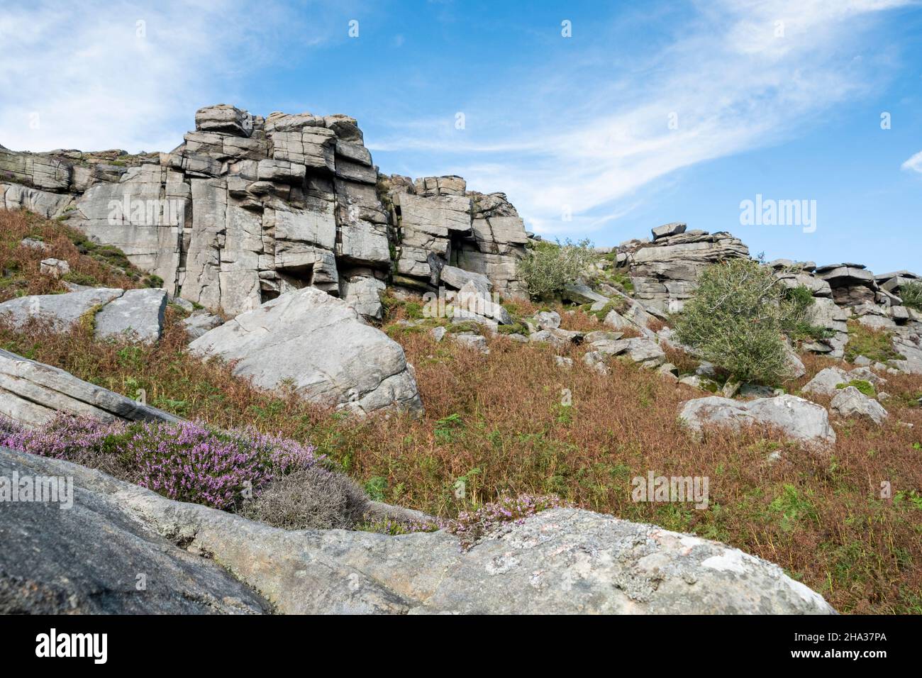 Boulders scatter the hillside beneath Stanage Edge, a craggy 4 mile ...