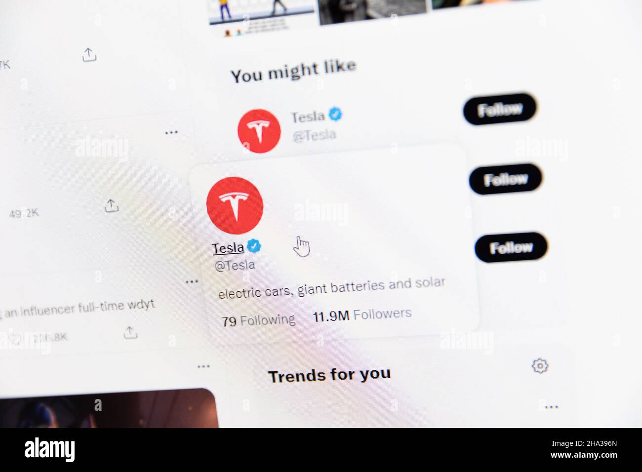 Minsk, Belarus - Dec 10, 2021: Tesla's Twitter account on the monitor ...