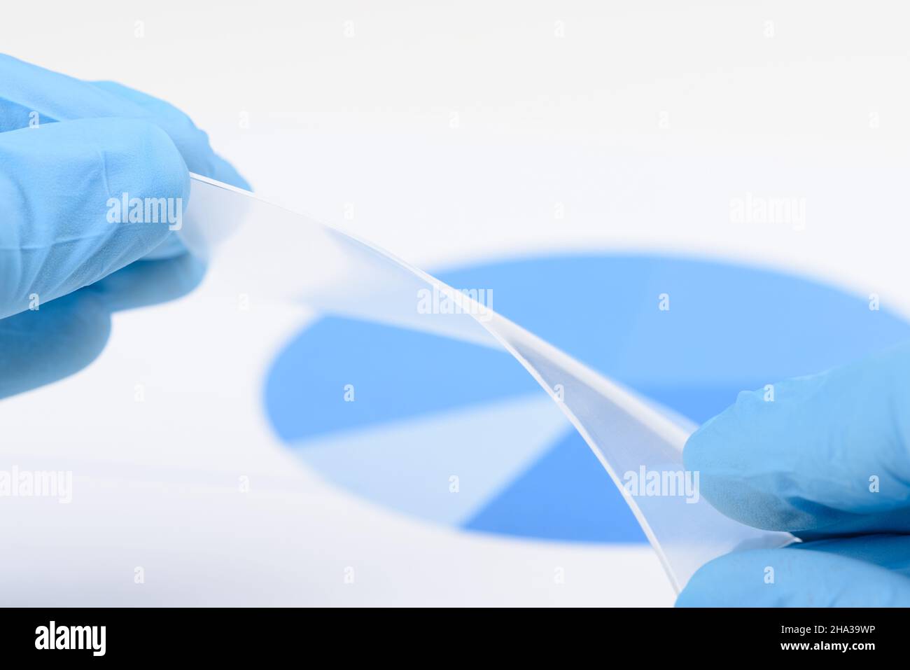 Scientist hold and bend flexible transparent plastic like material in ...