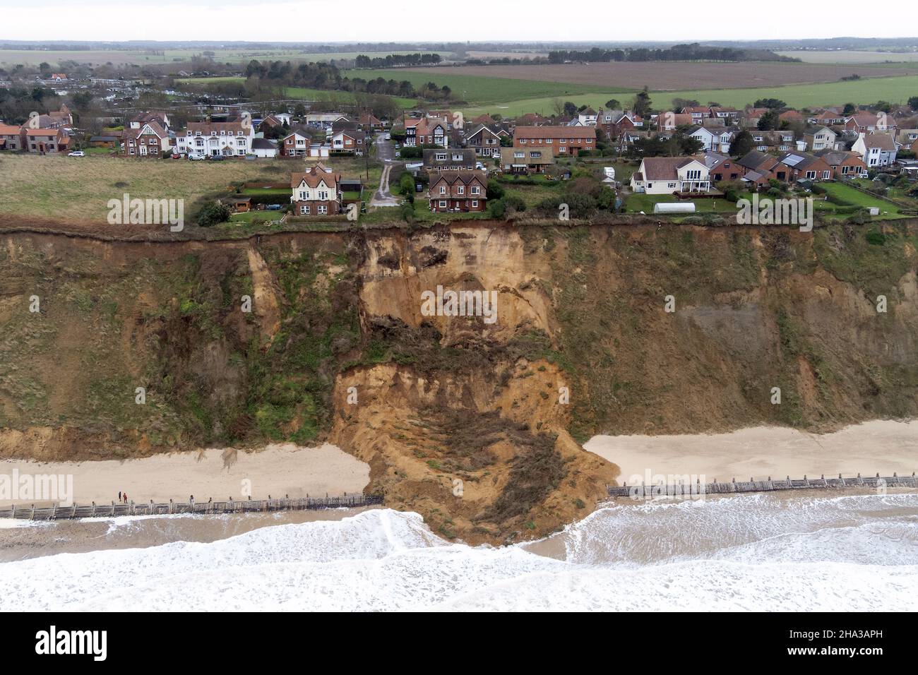 An aerial view of a cliff collapse at Mundesley in north Norfolk Stock ...