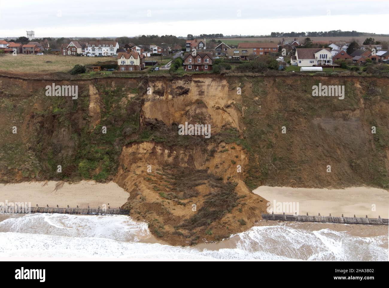An aerial view of a cliff collapse at Mundesley in north Norfolk Stock ...