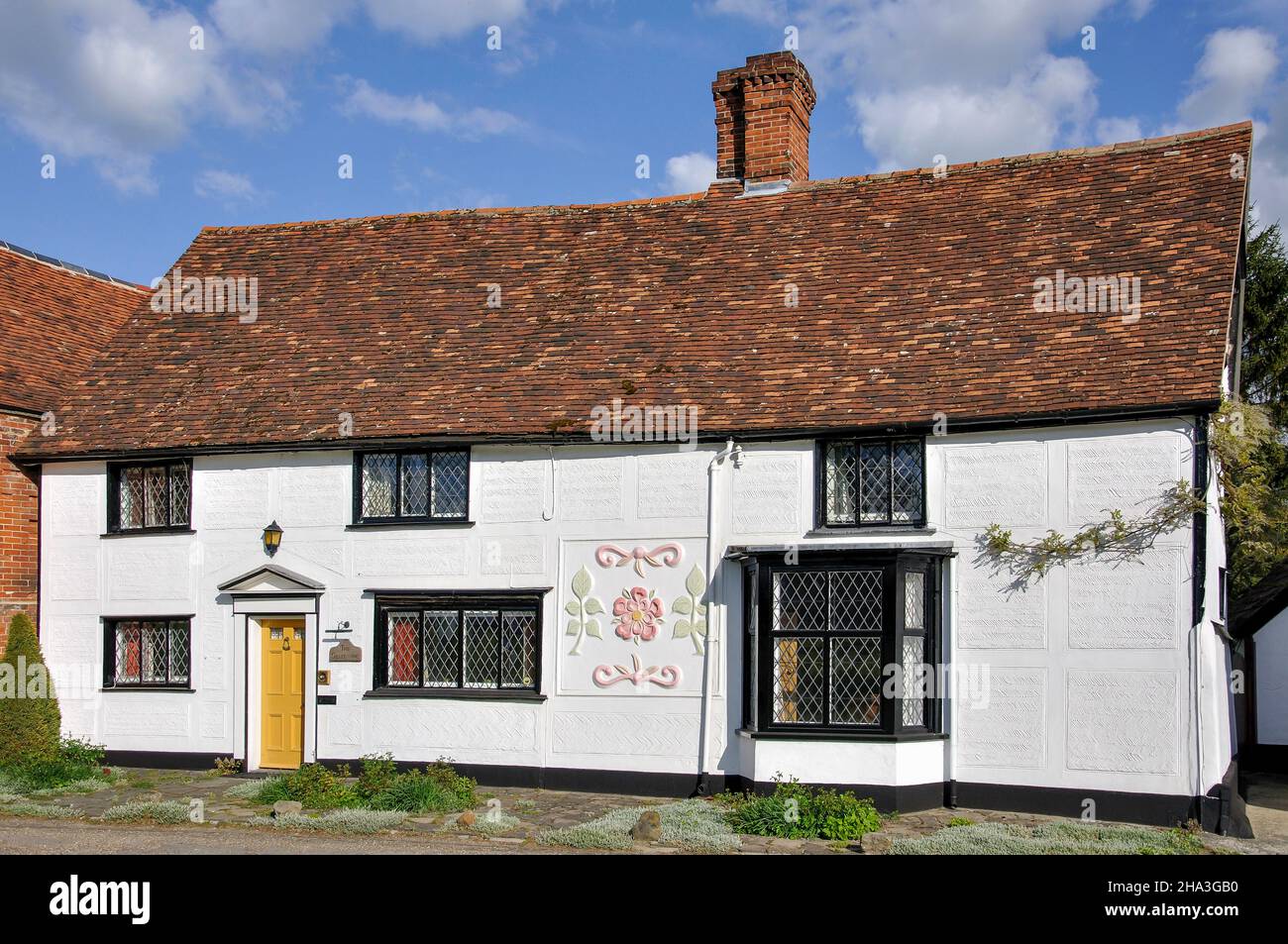 Period cottage with pargeting, The Green, Cavendish, Suffolk, England ...