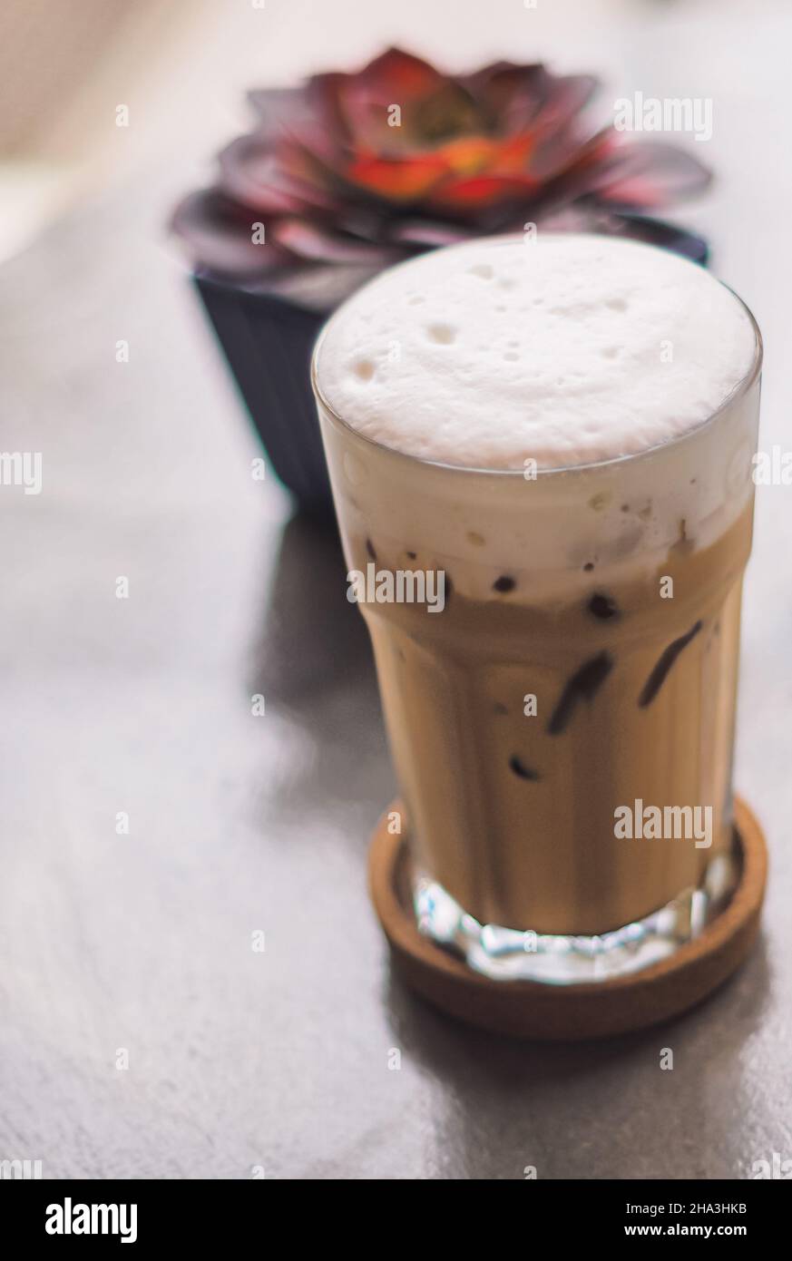iced latte coffee in a tall glass. cold summer drink background Stock ...