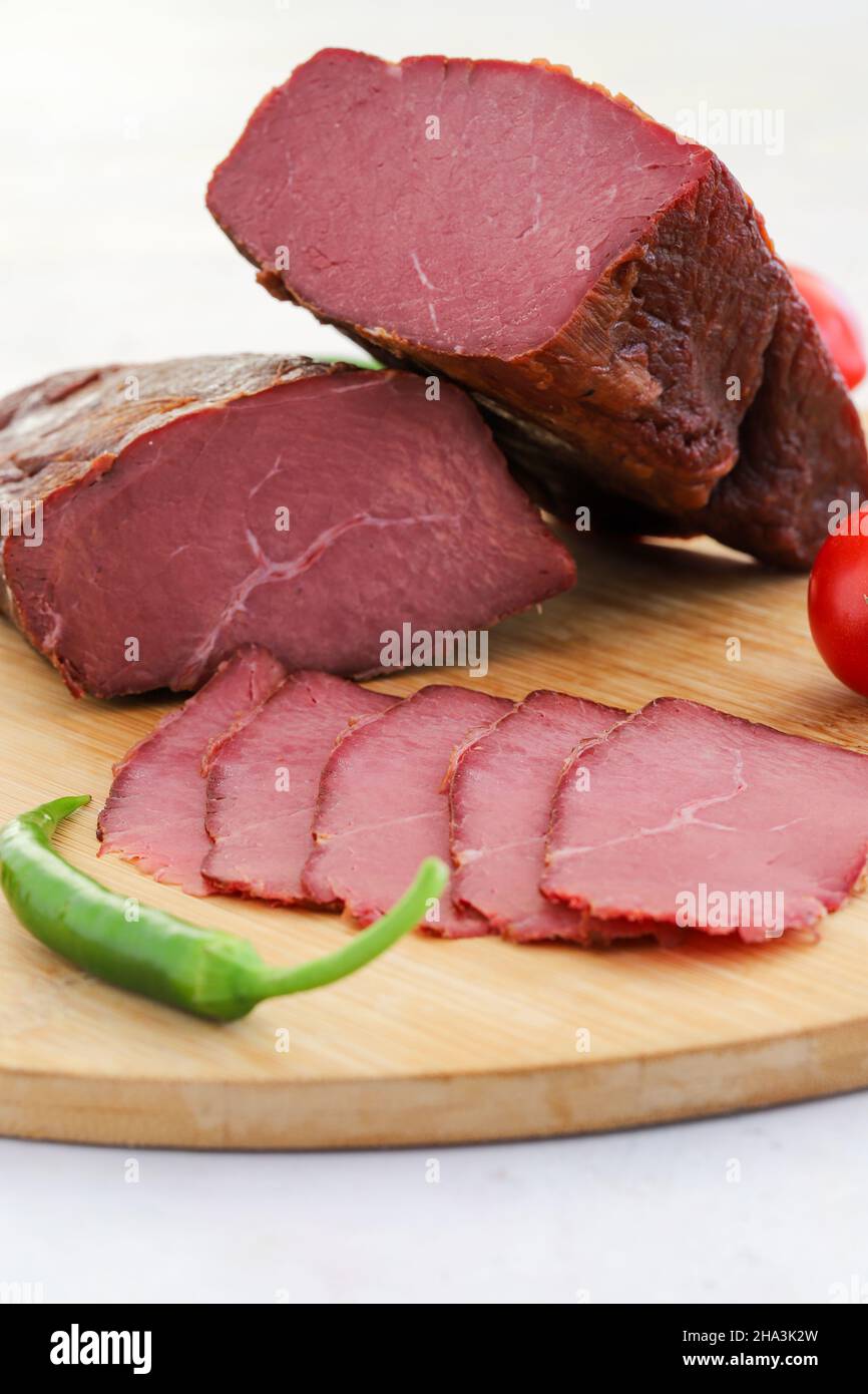 dry meat and slices on a white background. Local name kuru et Stock ...