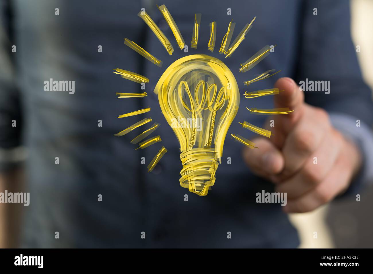 Man's hand tapping on 3D rendered lightened lamp Stock Photo - Alamy