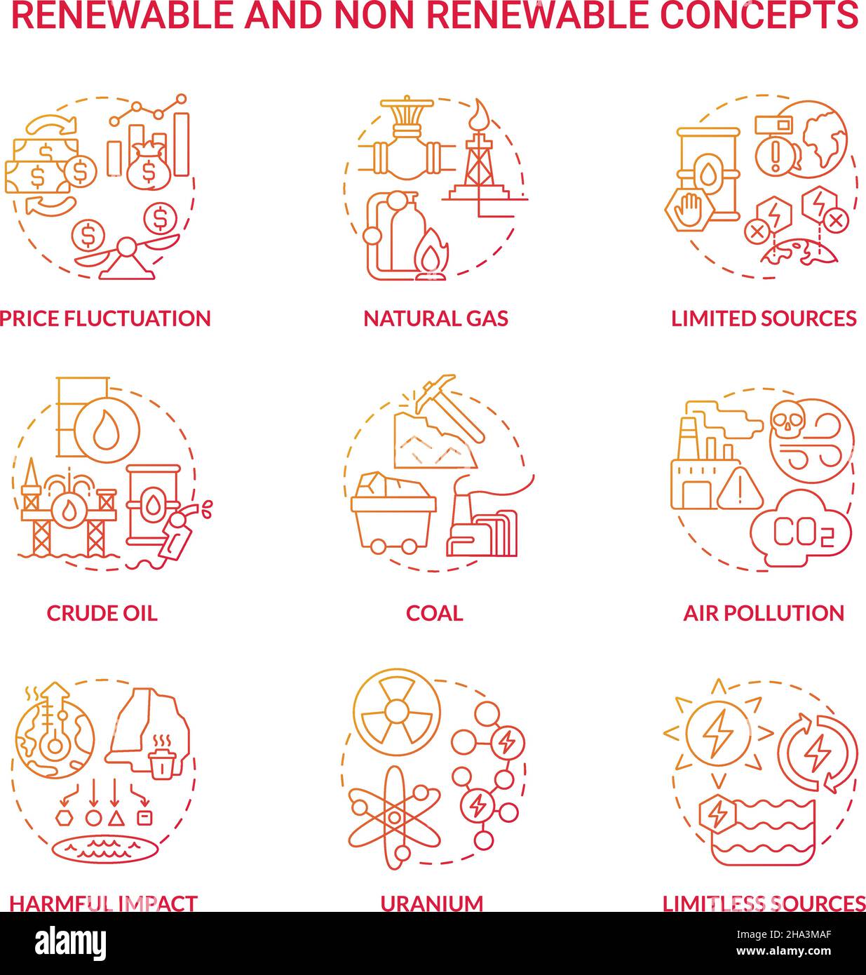 Renewable and non renewable energy red gradient icons set Stock Vector ...
