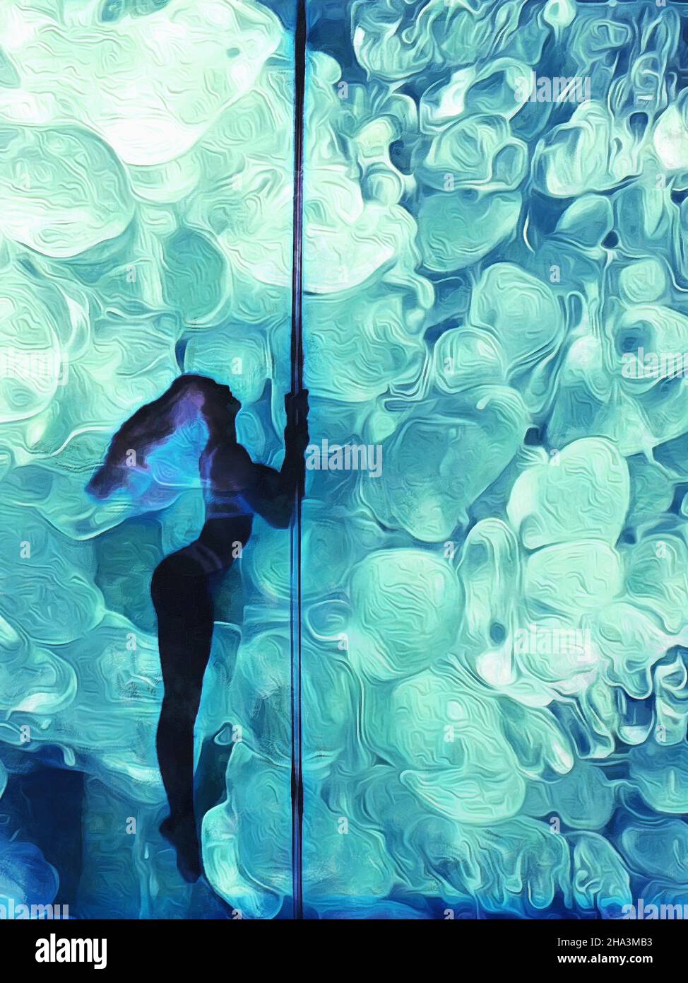 The girl is dancing on a pole. Creative ice figures. Artistic work ...