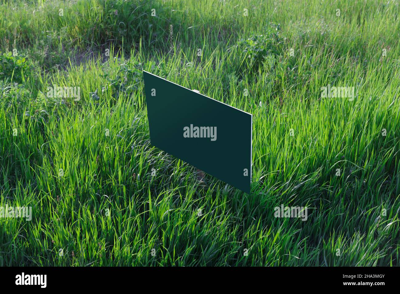 Dark green square board stuck in a green meadow Stock Photo - Alamy