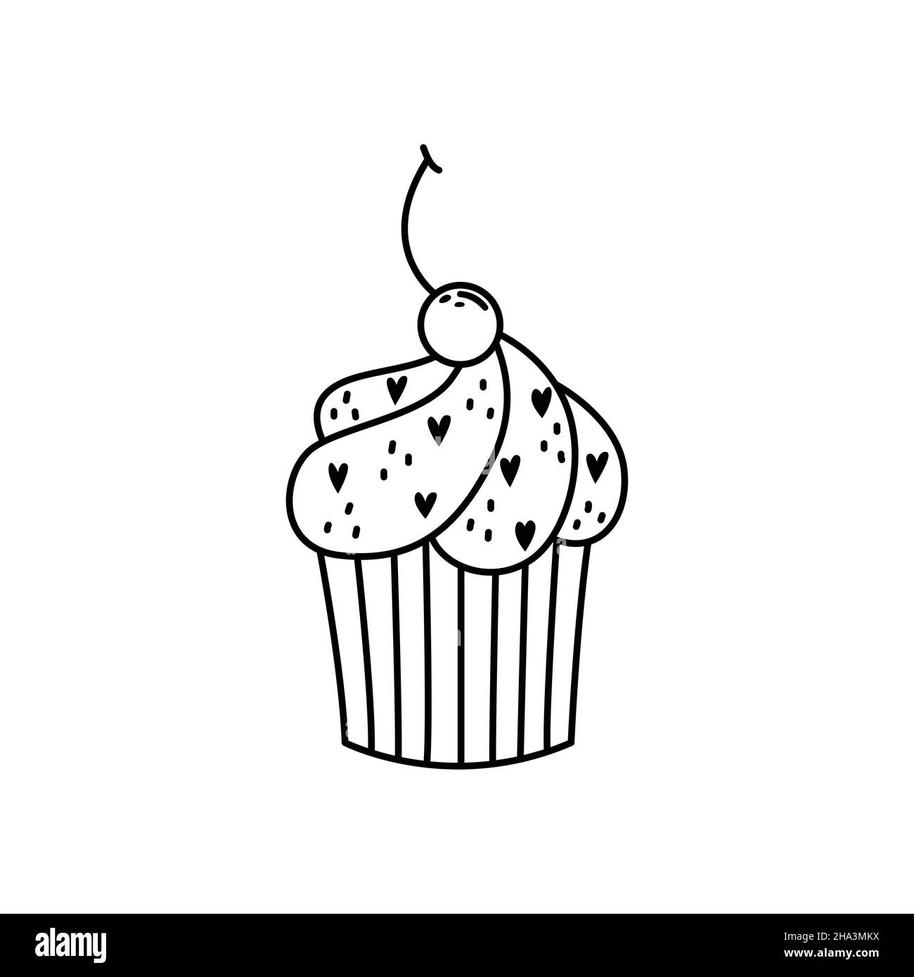 Vector Illustration Of Muffins With Cream With Decoration For Valentines Day Outline Stock