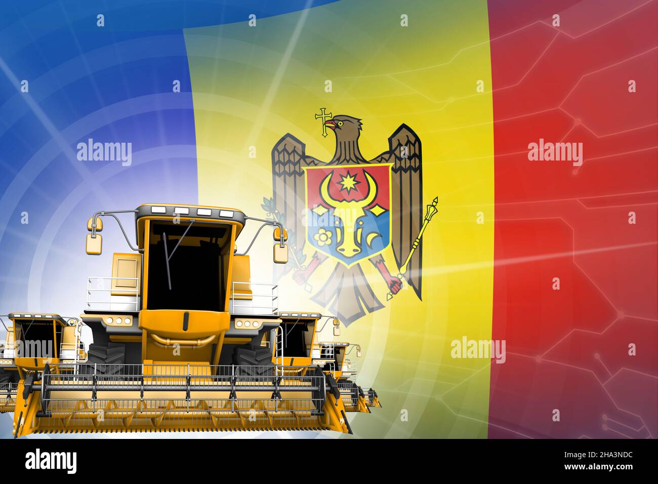 Digital industrial 3D illustration of 3 yellow modern wheat combine ...