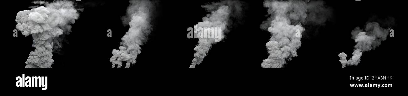 5 grey co2 emissions smoke columns from wildfire on black, isolated ...