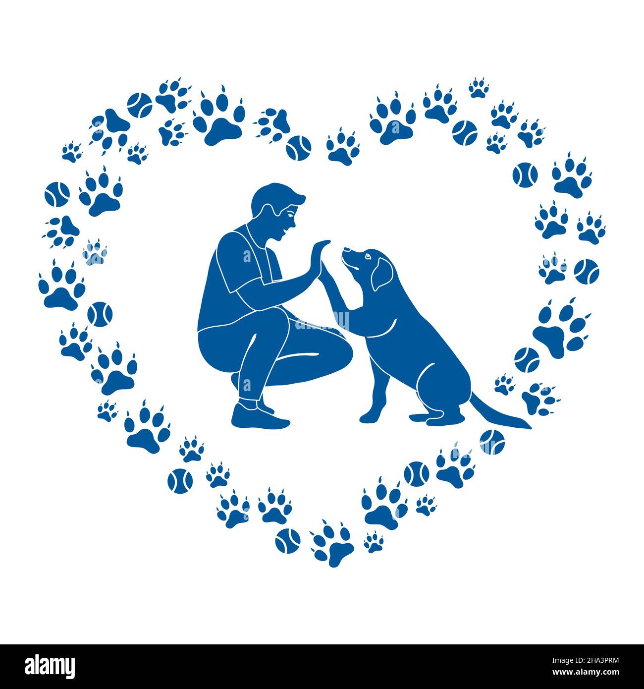 Vector illustration Man, labrador playing together Dog gives paw on ...