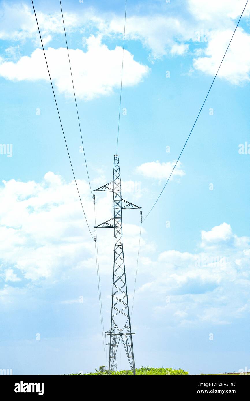 Electric pole with lines against the blue sky on a sunny morning Stock ...