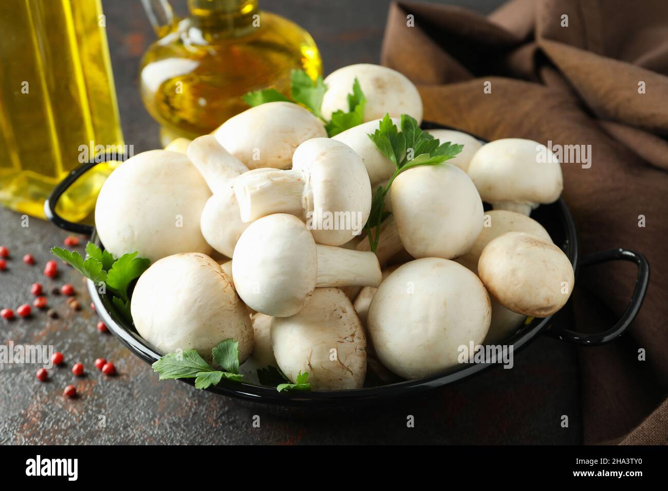 Concept of cooking with champignon on dark textured background Stock ...
