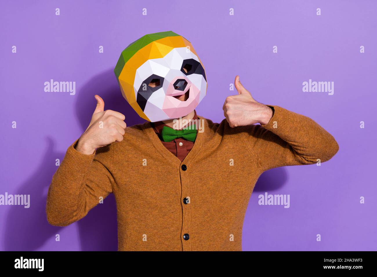 Portrait of weird sloth mask person two hands show thumbs up isolated ...