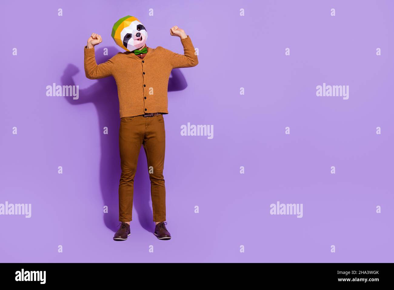 Full body photo of sloth head mask person stretching arms sleepiness ...