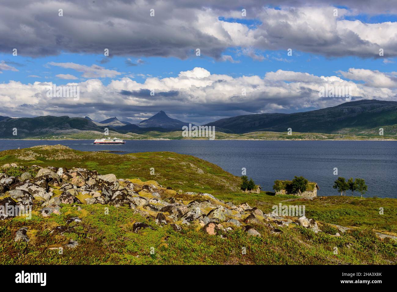 Hurtigruten ship between mainland and Leka island, Norway Stock Photo ...