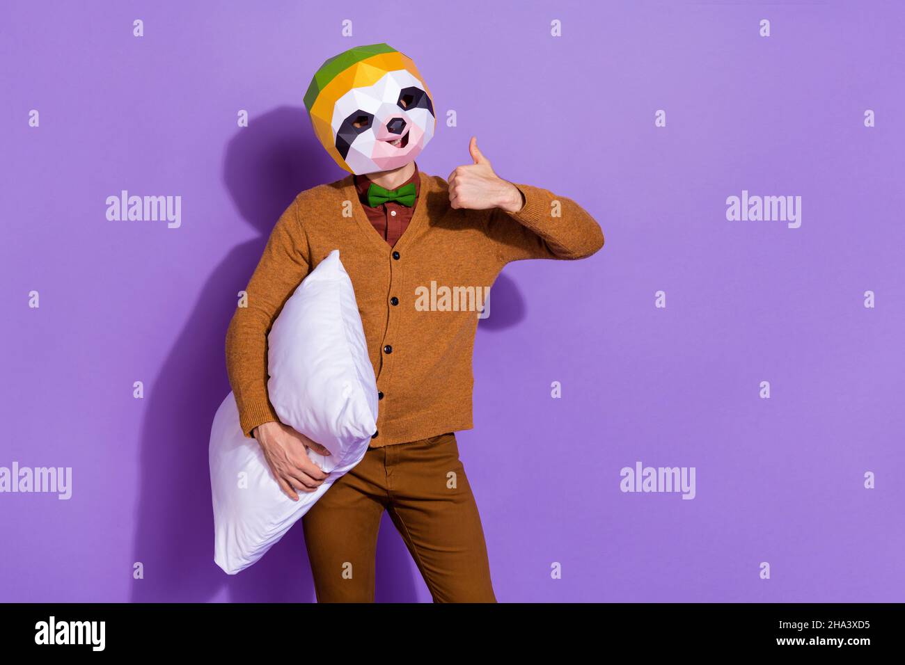 Photo of young man promoter unusual outfit show thumb-up approve ...