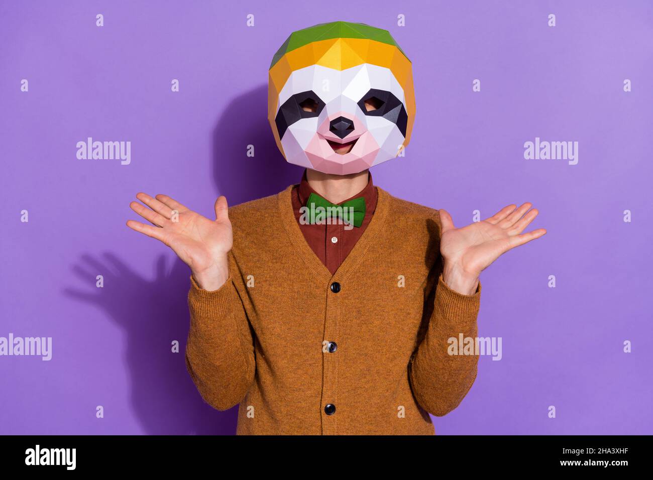 Photo of young man impressed mardi gras event creative reaction red ...