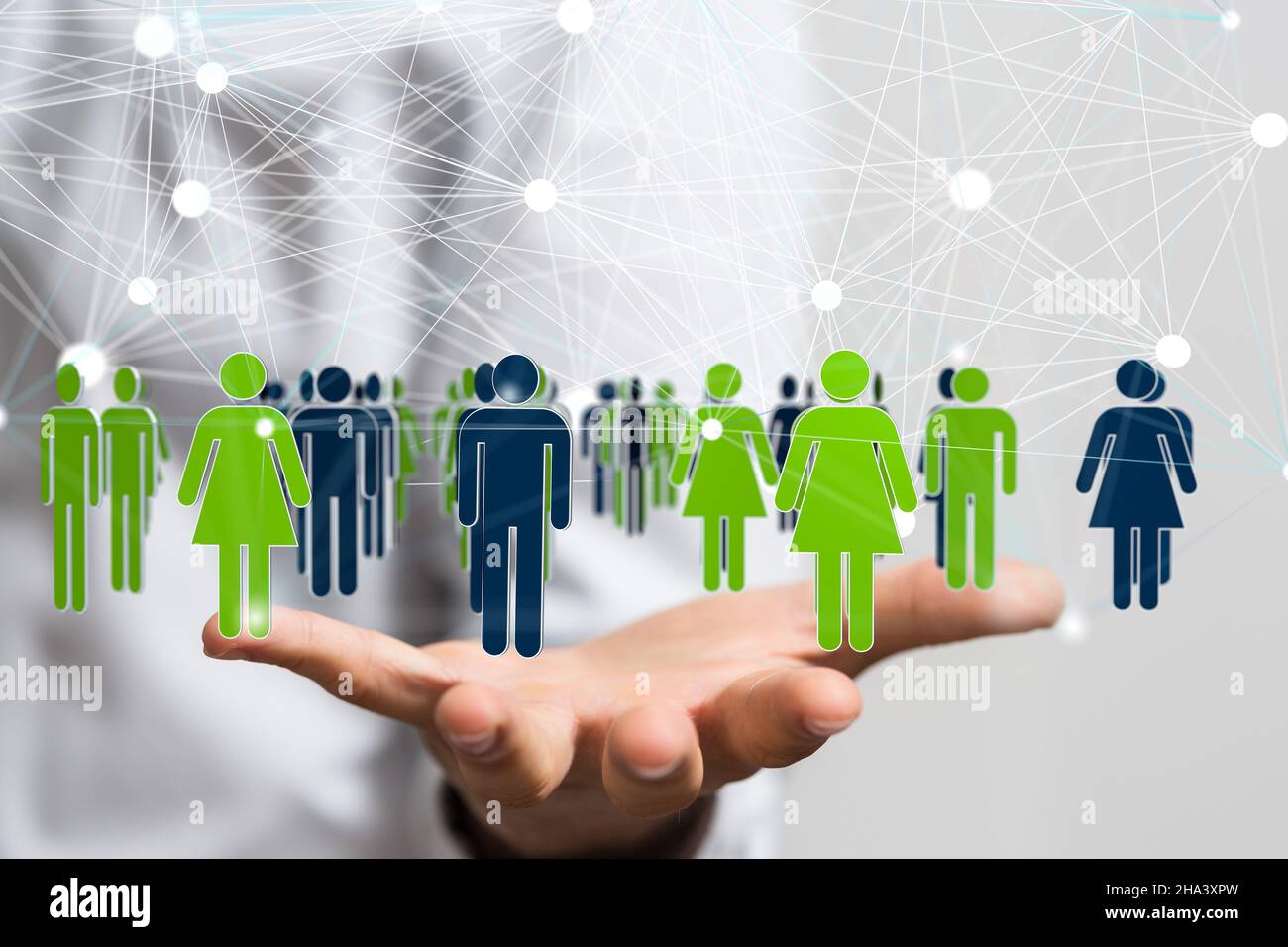 3D rendering of a group of floating people icons on a businessman's ...