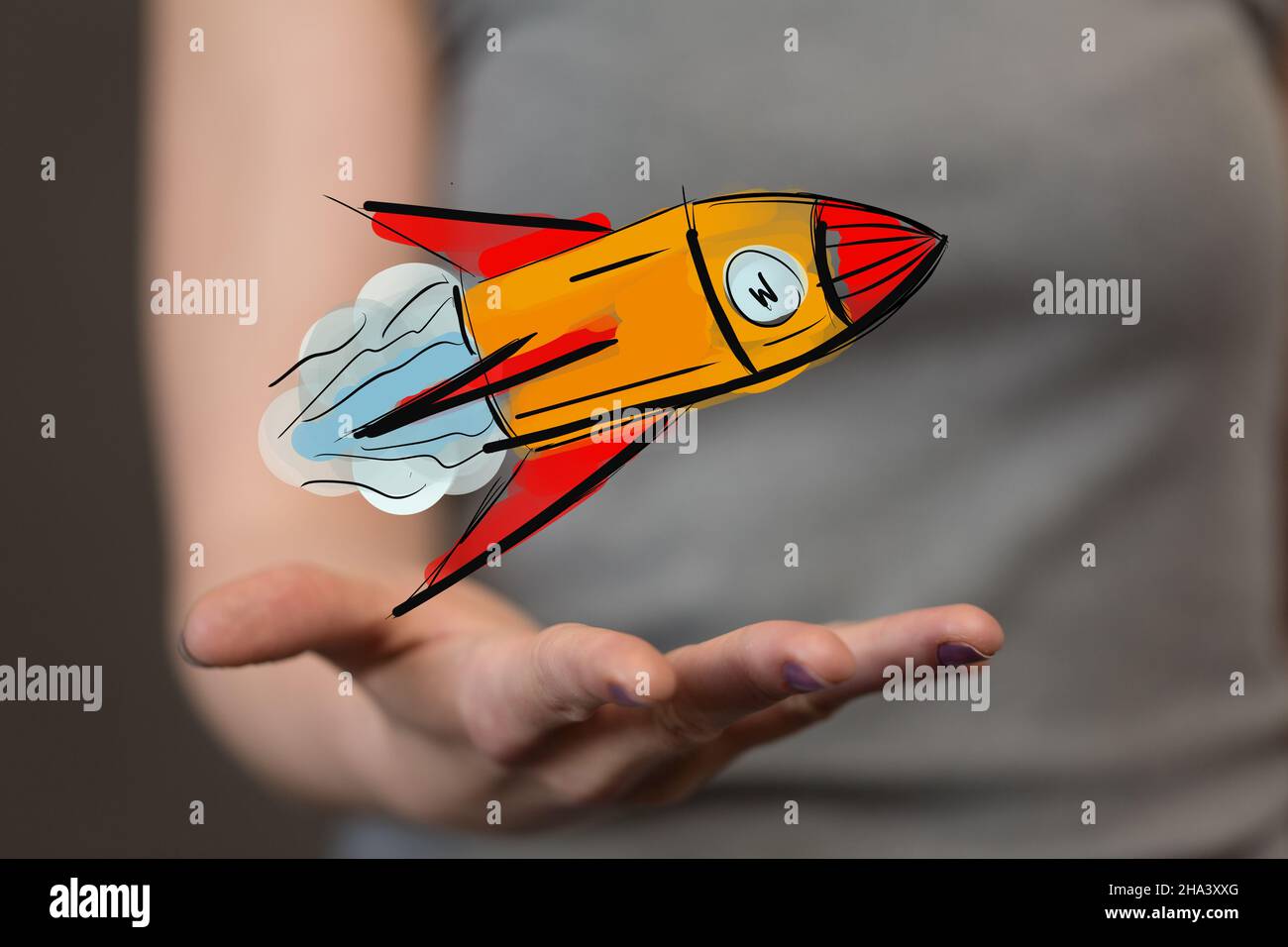 3D rendering of a space rocket icon floating on a woman's hand Stock ...