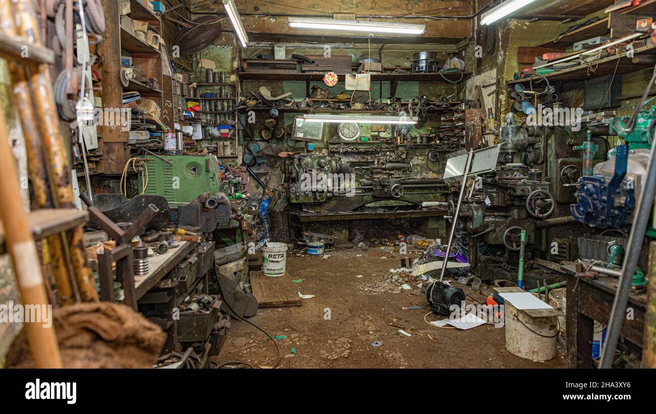 Shop of a machines engines repair master has the tools, machines and ...